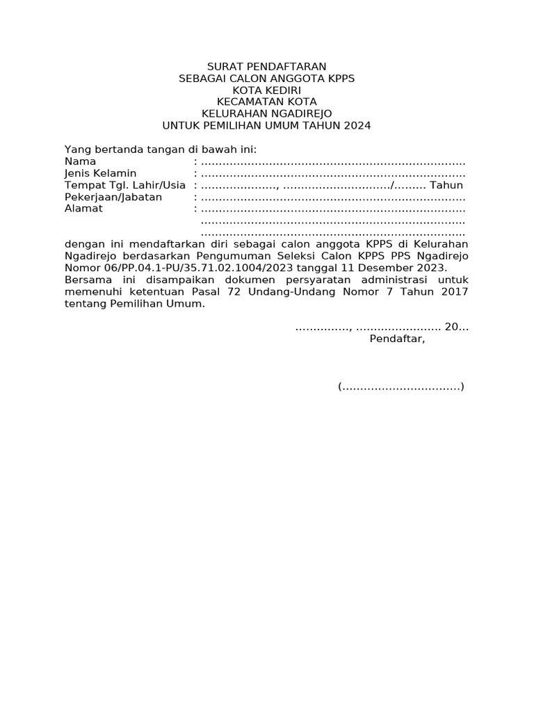Formulir Pendaftaran KPPS Ngadirejo | PDF
