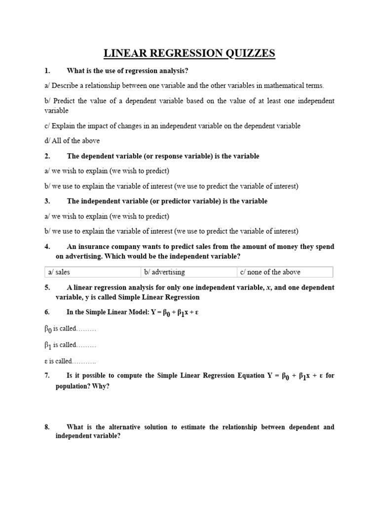 (Regression Quizz) - Final | PDF | Linear Regression | Errors And Residuals