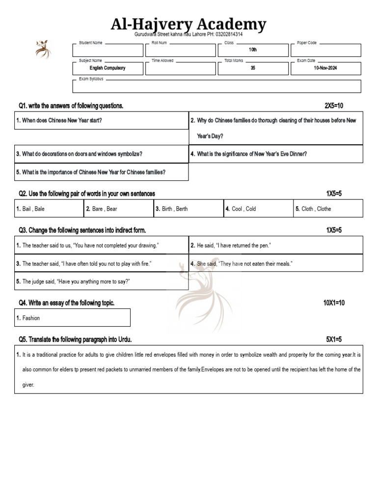 Chinese New Year Exam Questions | PDF