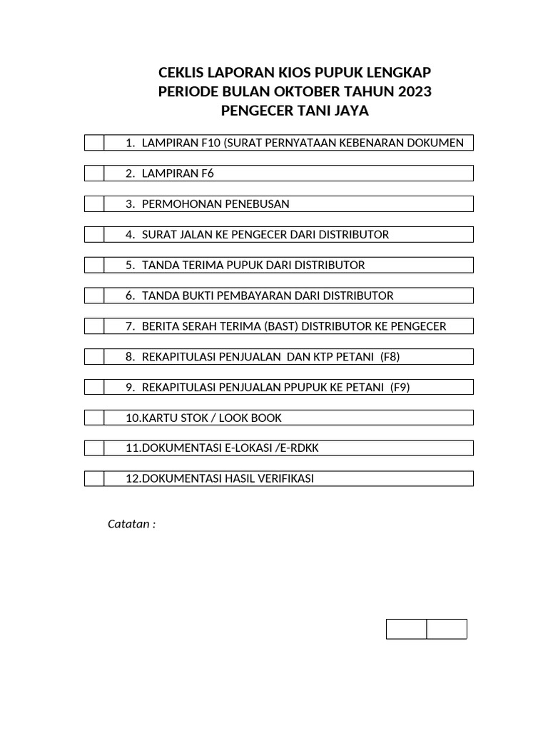 Ceklis Laporan Kios Pupuk Lengkap | PDF