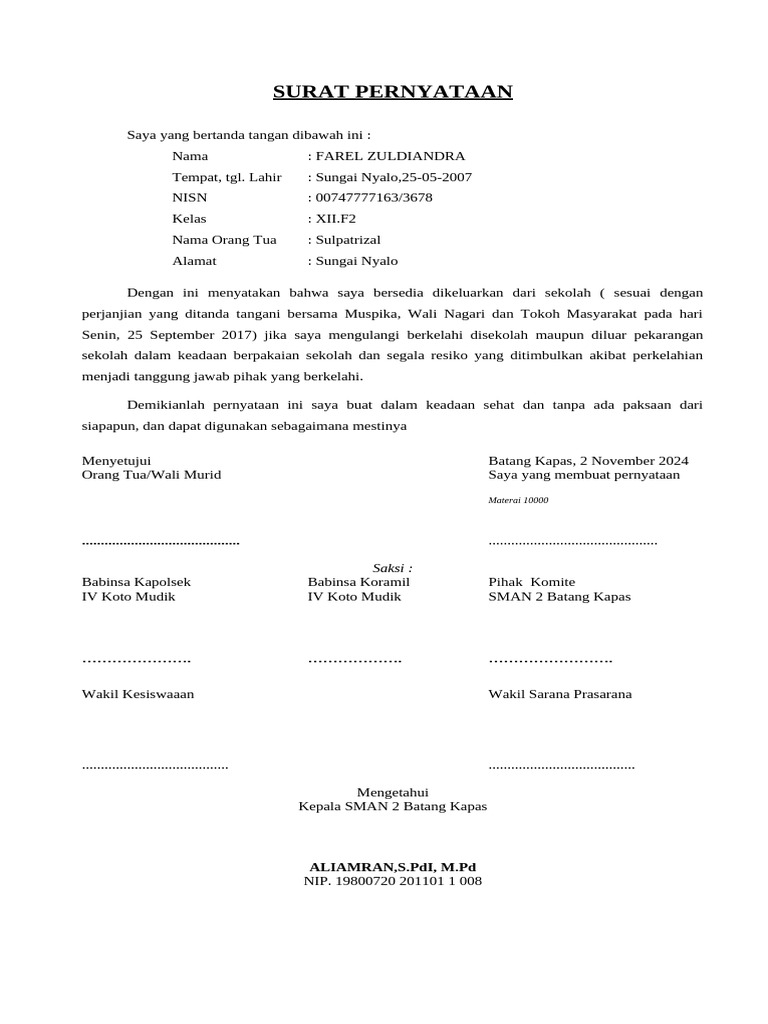 Surat Pernyataan Siswa Berkelahi 2 November 2024 | PDF