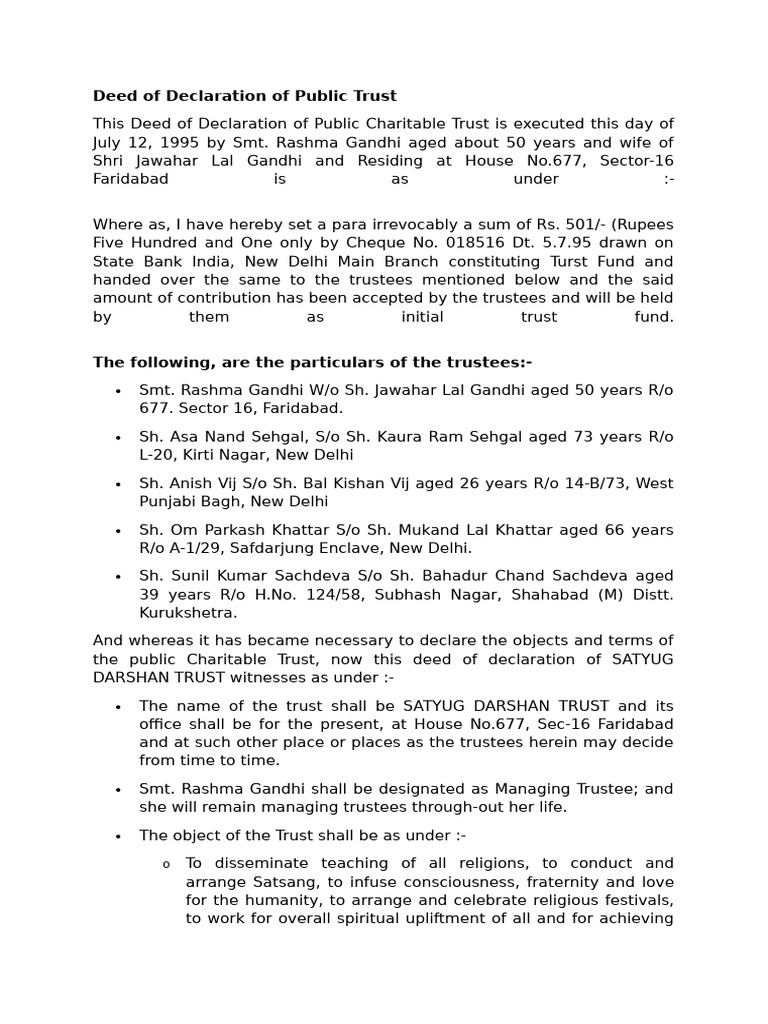 Public Charitable Trust Declaration | PDF | Taxes | Board Of Directors