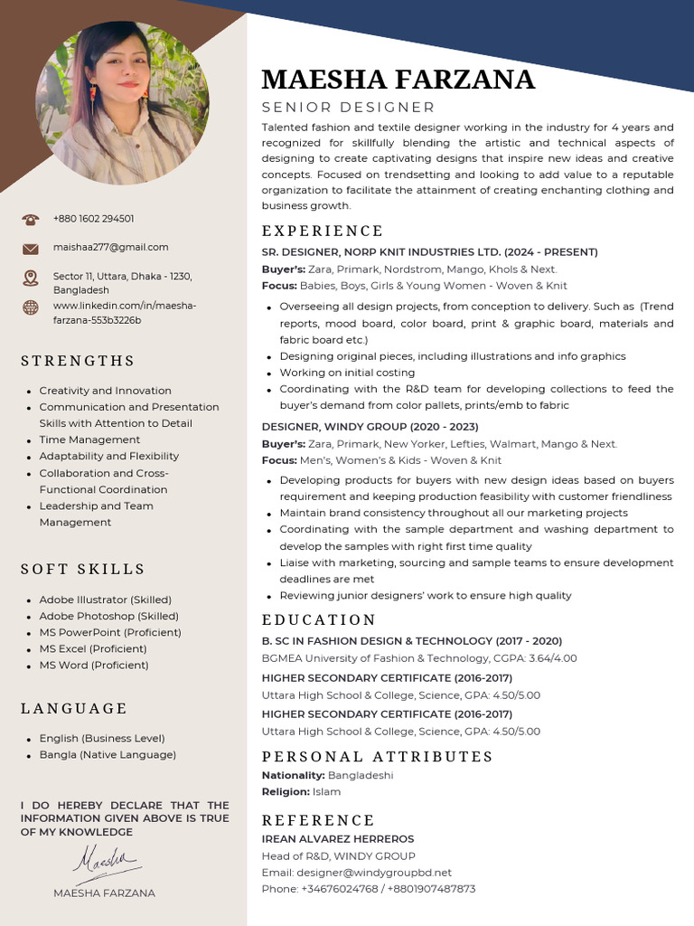 Maesha Farzana - Resume-1 | PDF | Textiles | Fashion