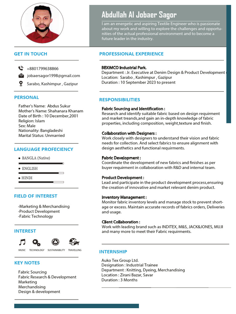 Abdullah Al Jobaer Sagor Resume | PDF | Textiles