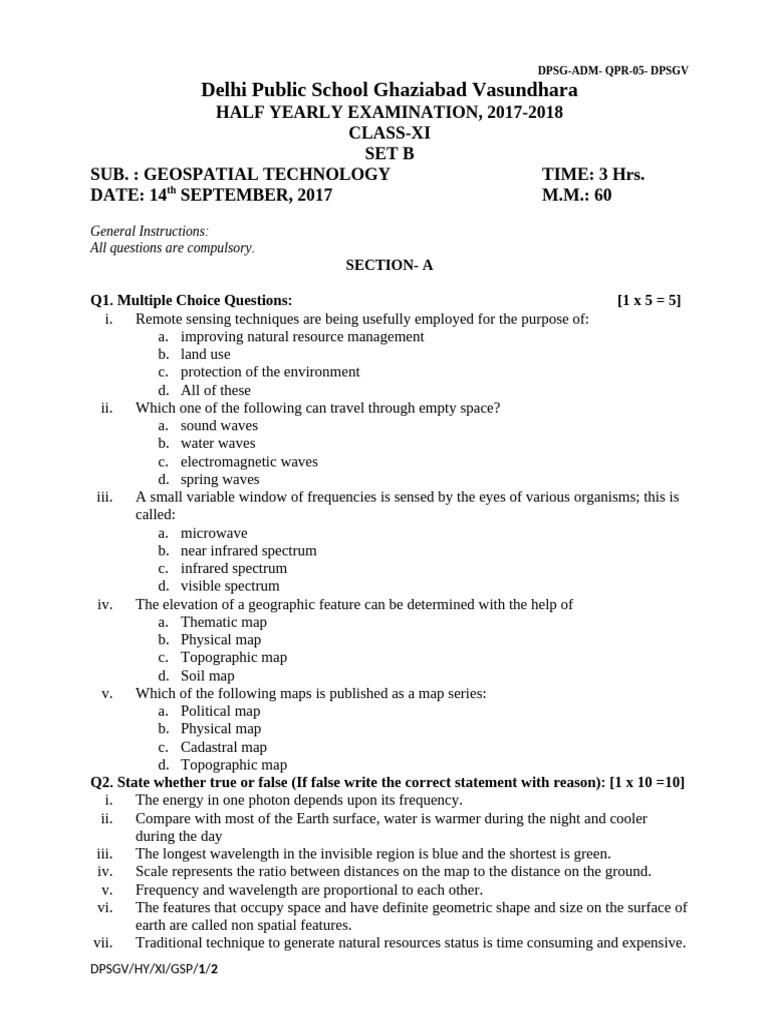 Class XI HY GS 2017-18 Set B | PDF | Electromagnetic Spectrum | Map