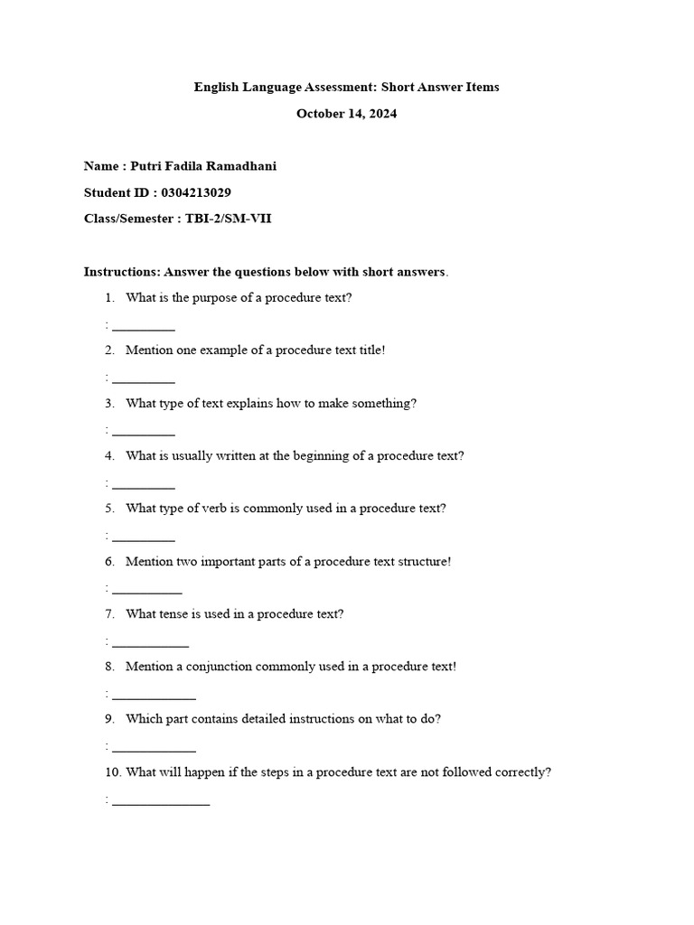 English Language Assessment: Procedure Texts | PDF | Language Arts ...