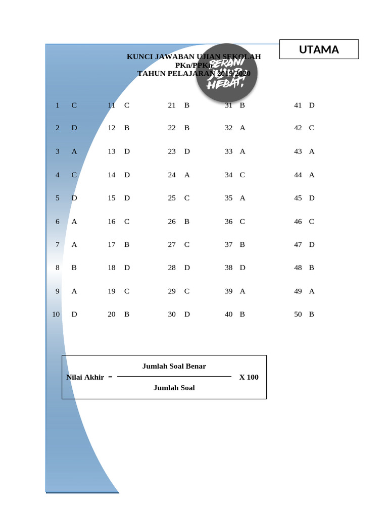 KUNCI JAWABAN DAN PEDOMAN PENSKORAN US PKN - PPKN | PDF