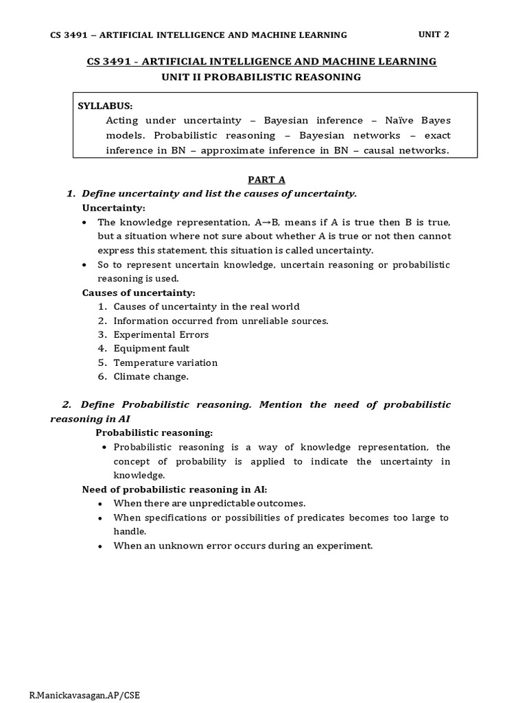 Cs3491 Aiml Unit 2 Qbank | PDF | Bayesian Network | Bayesian Inference