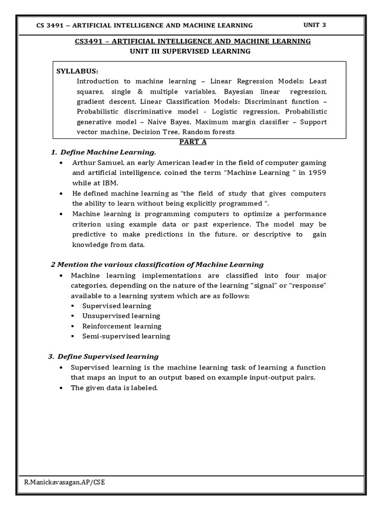 Cs3491 Aiml Unit 3 Qbank | PDF | Machine Learning | Support Vector Machine