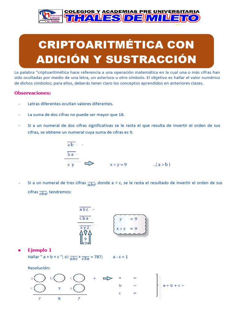 Criptogramas Suma-Resta-Multiplicación y División-Thales de Mileto-2024 | PDF | Sustracción ...