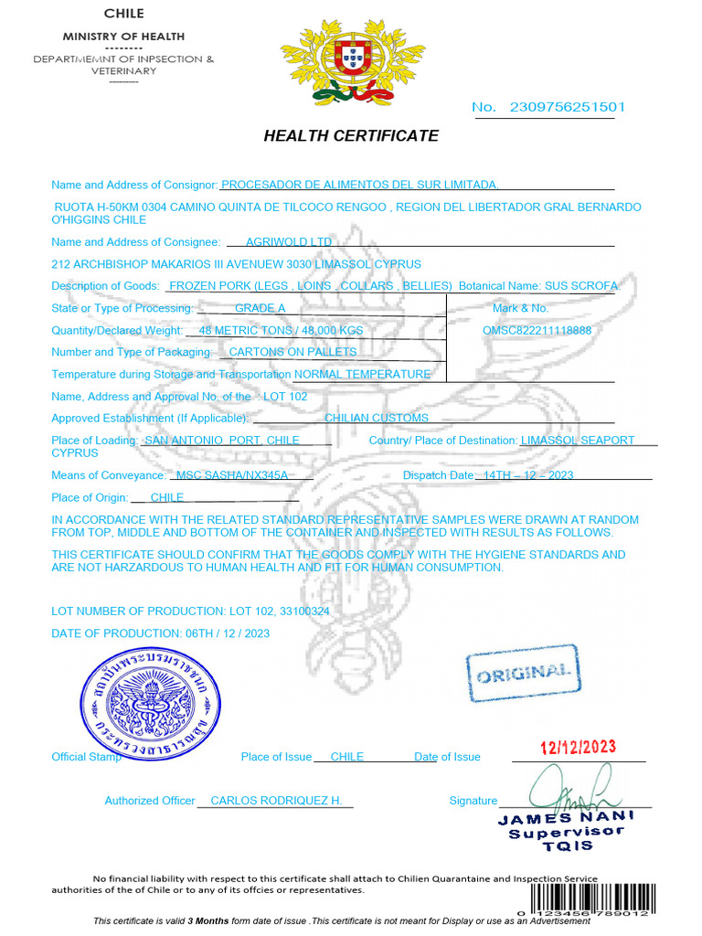 Health Certificate for Frozen Pork Export | PDF | Supply Chain ...