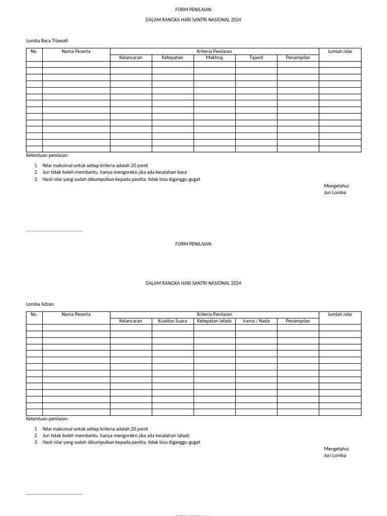 Form Penilaian Lomba Hari Santri | PDF