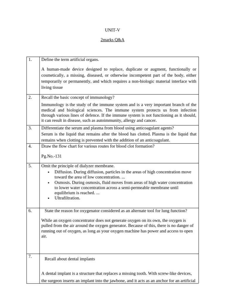 Unit 5 2marks | PDF | Dental Implant | Blood Plasma