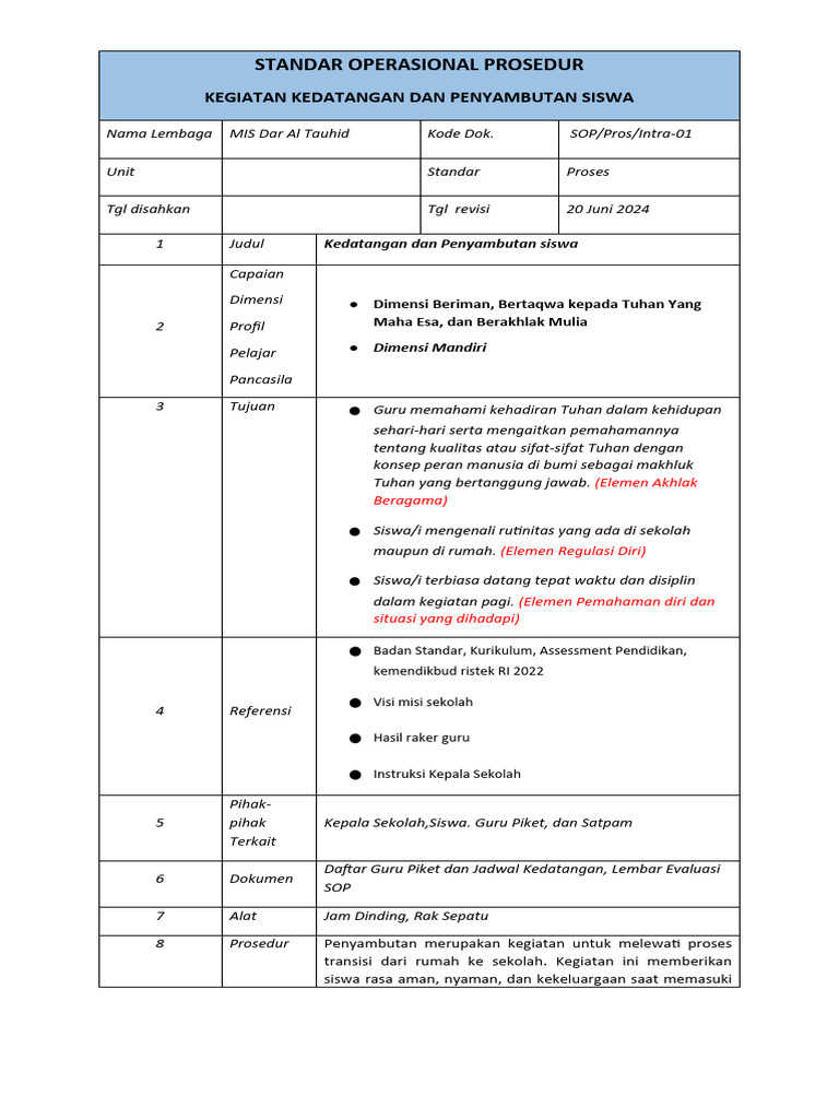 SOP Penyambutan Siswa MIS | PDF