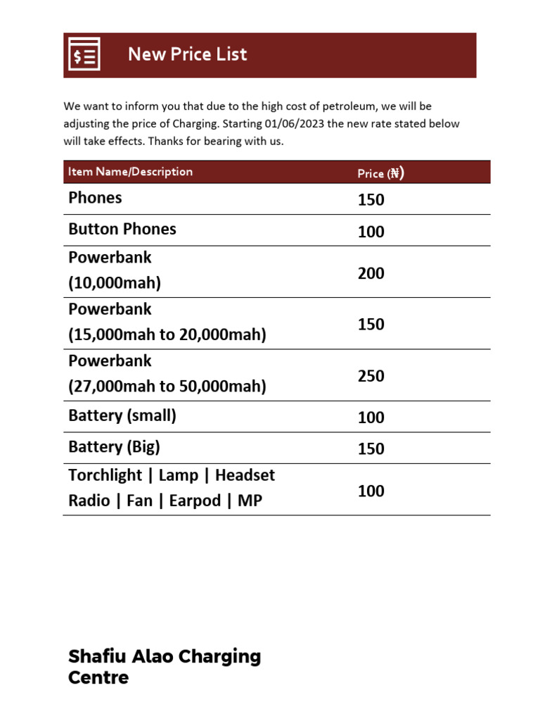 New Charging Price List 2023 | PDF