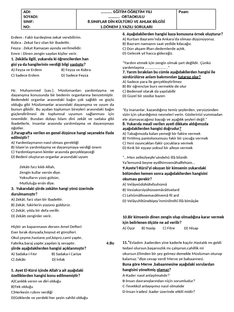 Dkab 8. Sinif 1. Donem 2.sinav 2 | PDF