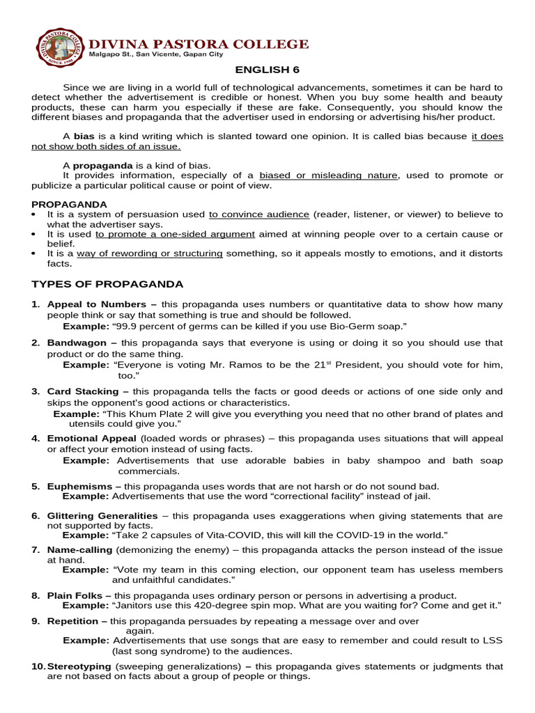 ENGLISH 6 Reviewer Periodic | PDF | Propaganda | Bias