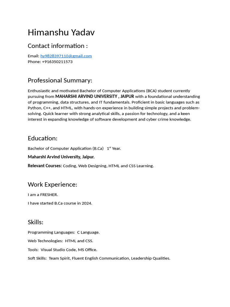 Himanshu Yadav CV | PDF | Career & Growth