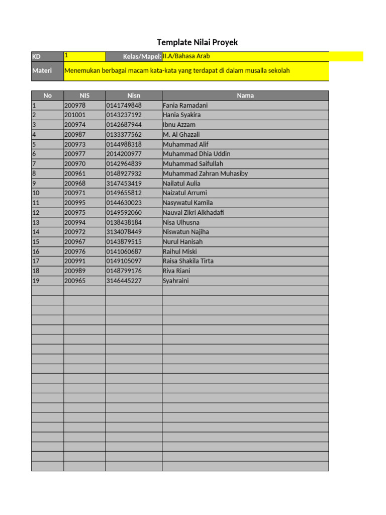 Template Nilai Proyek Bahasa Arab | PDF