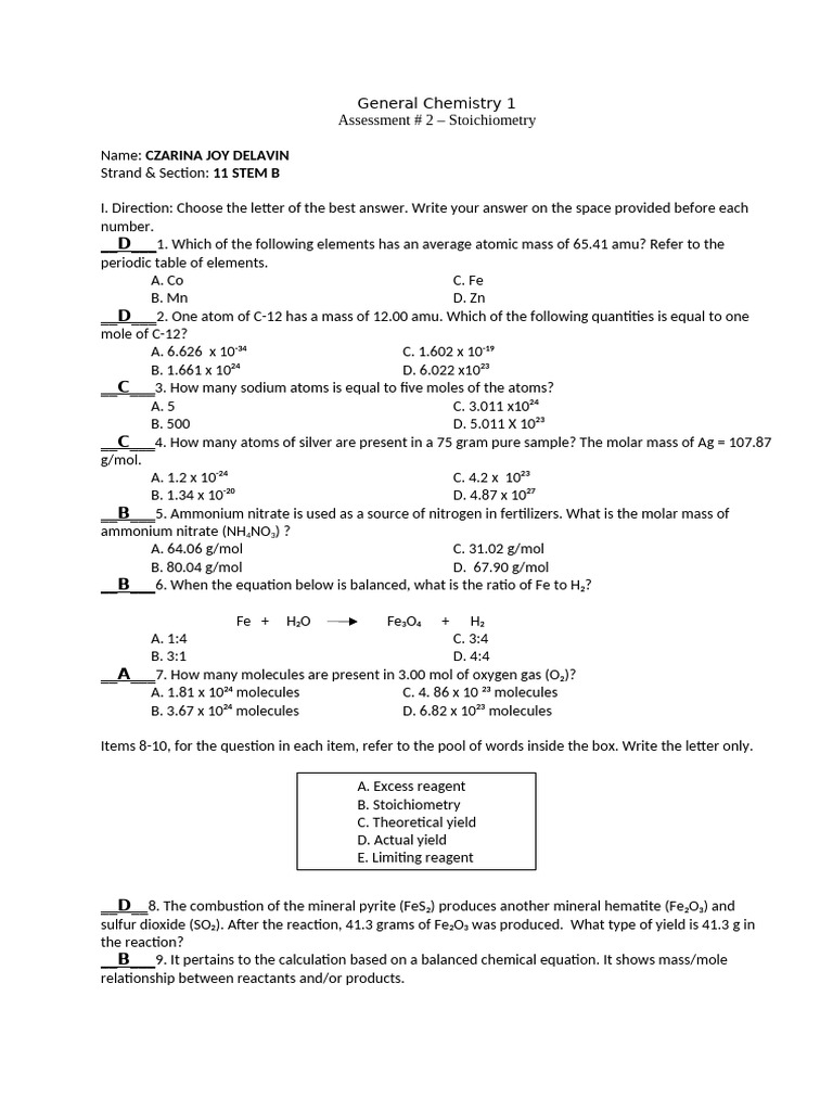 Stoichiometry - Assessment | PDF | Mole (Unit) | Stoichiometry