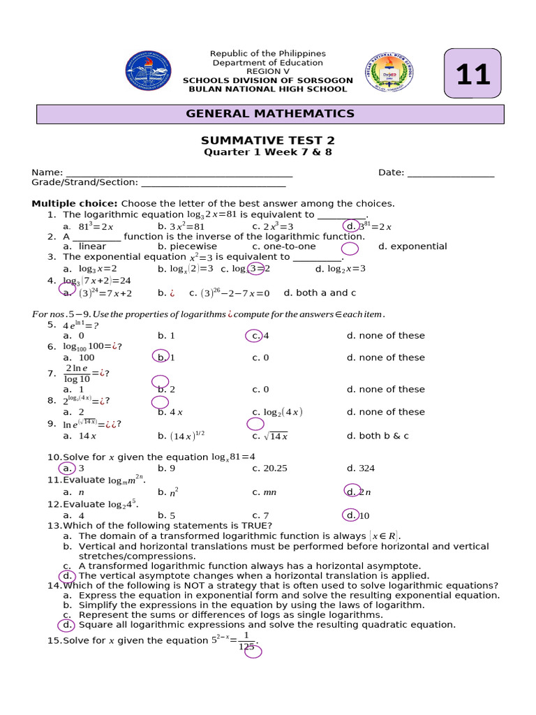 GenMath Summative Test Week 7 8 | PDF | Logarithm | Function (Mathematics)