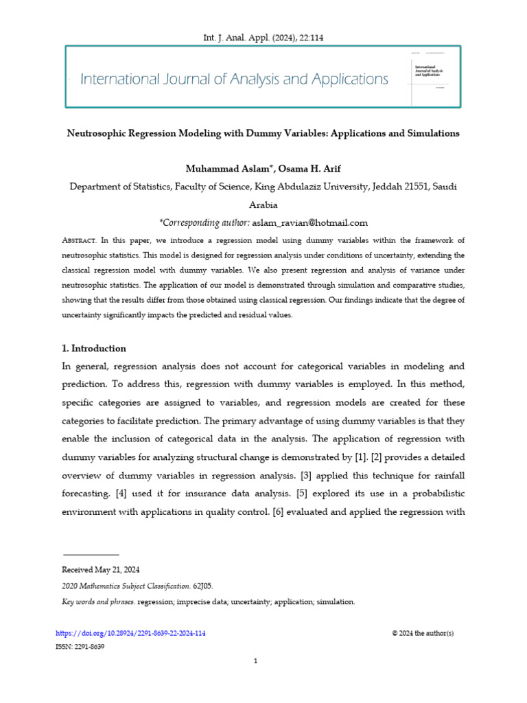Neutrosophic Regression Modeling With Dummy Variables: Applications and Simulations | PDF ...