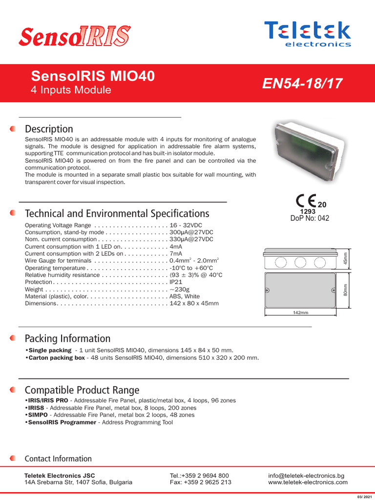 SensoIRIS MIO40: 4-Input Fire Module | PDF | Electrical Components | Computer Engineering