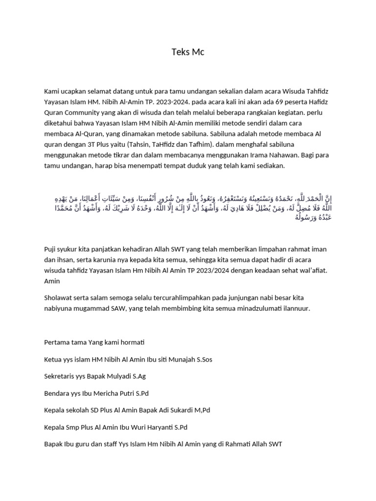 Teks MC Wisuda Tahfidz | PDF