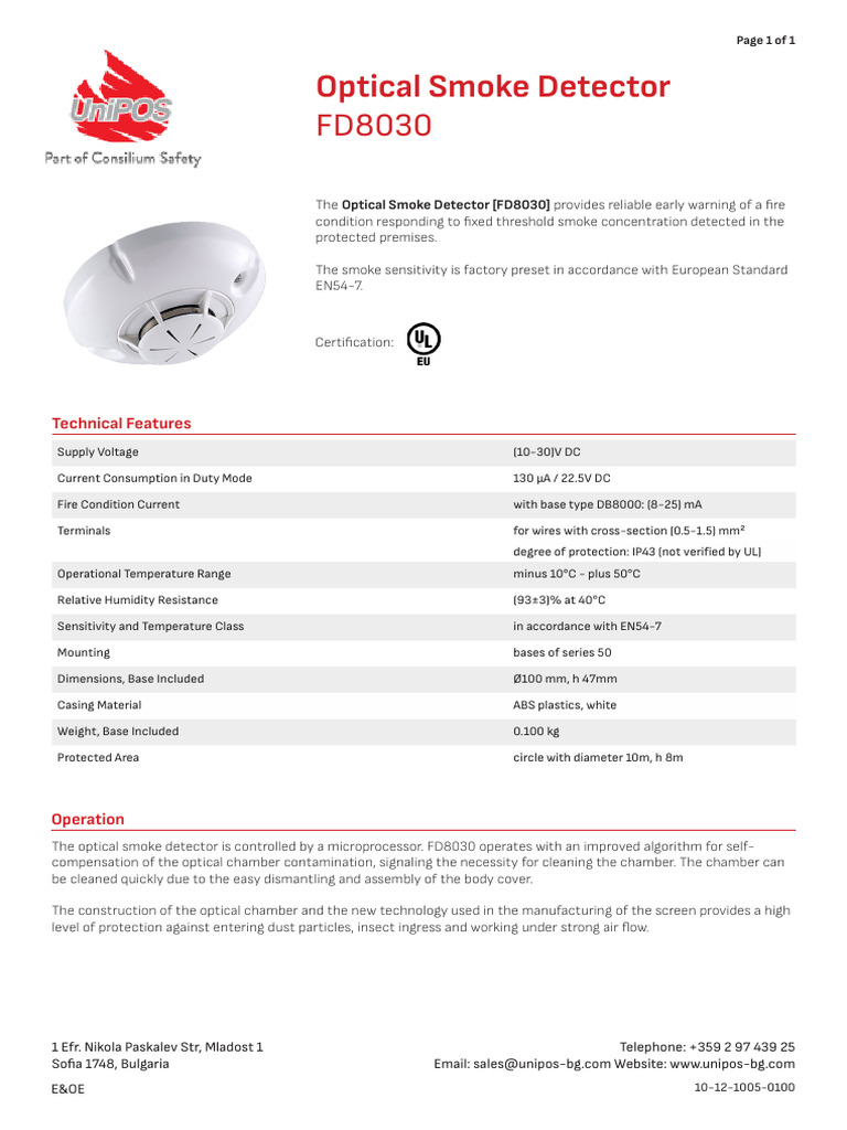 Optical Smoke Detector FD8030 Specs | PDF | Smoke | Sensor