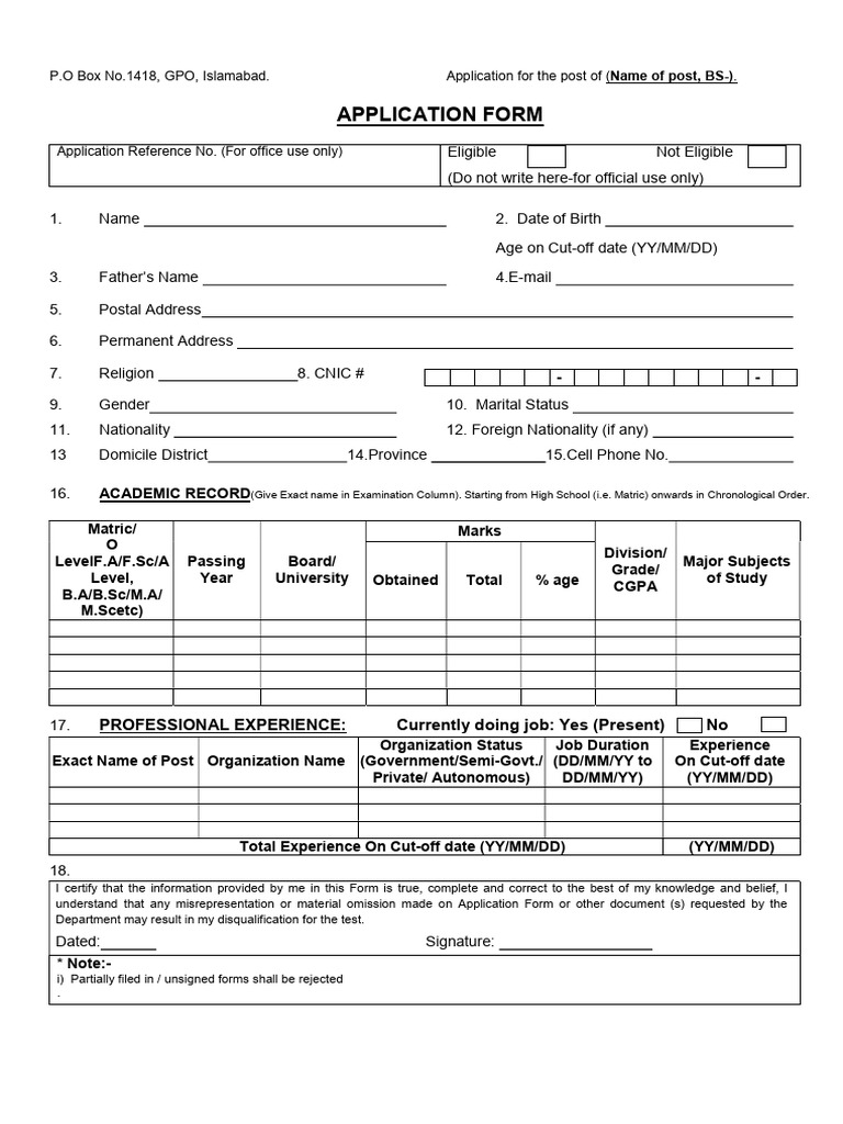 Application Form: P.O Box No.1418, GPO, Islamabad. Application For The ...
