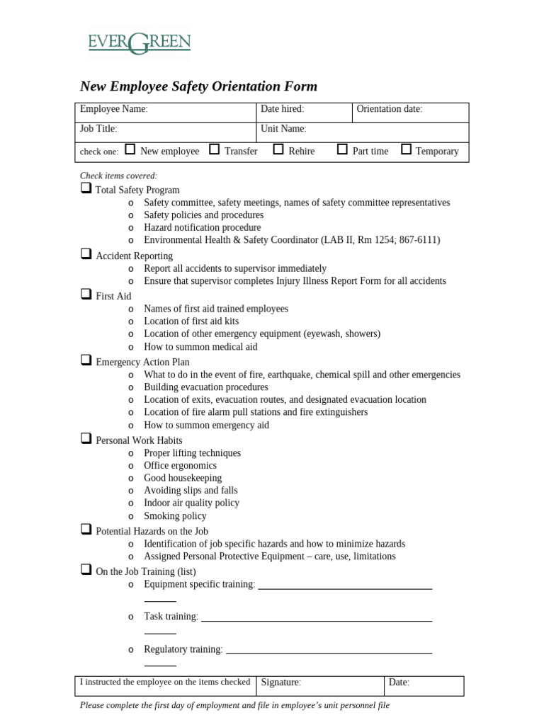 New Employee Safety Orientation Checklist | PDF