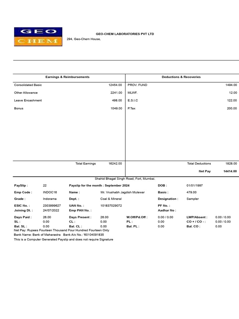 September PaySlip Mulewar | PDF