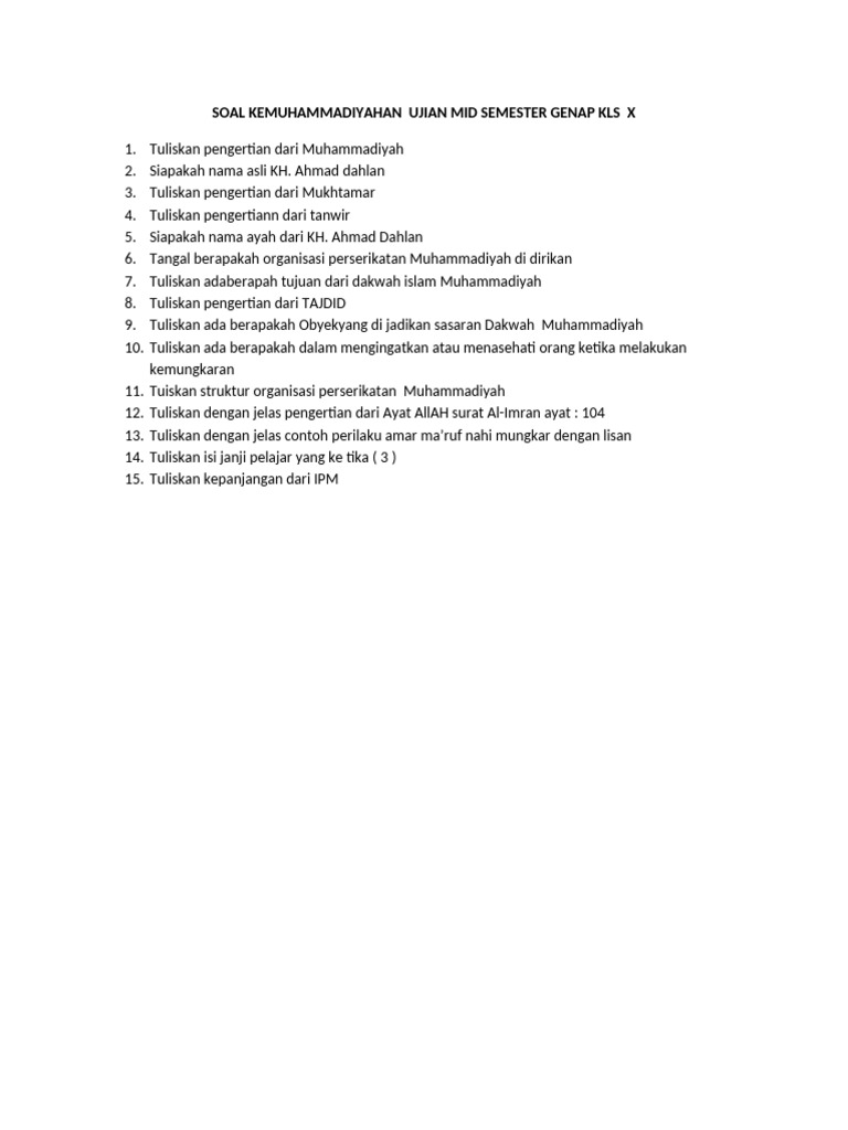 Soal Kemuhammadiyahan Ujian Mid Semester Genap KLS X | PDF