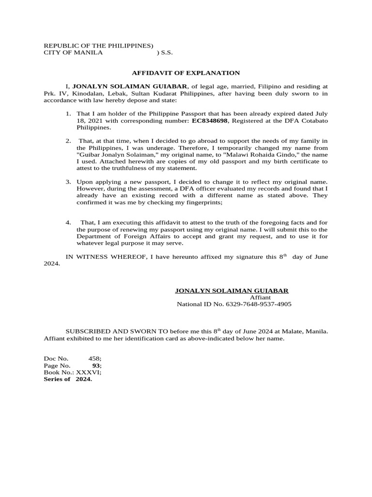 Affidavit of Explanation-Passport | PDF
