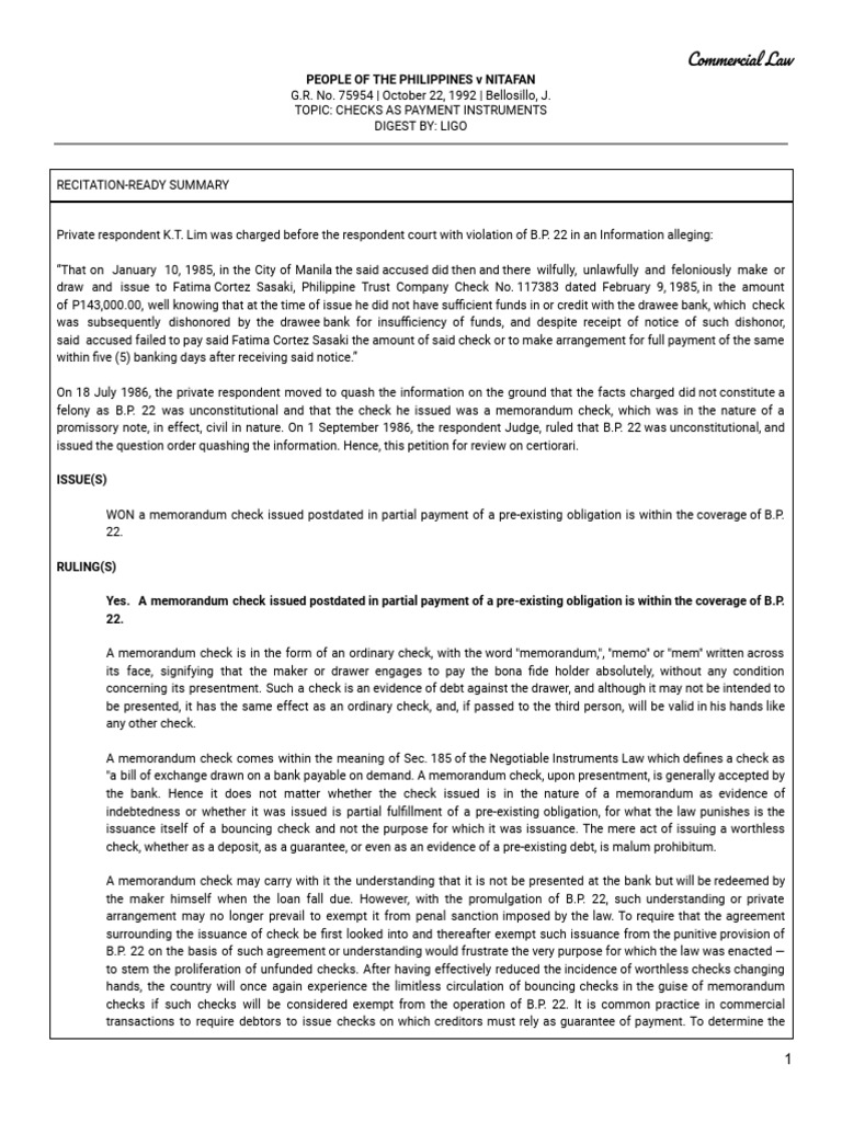B.P. 22 and Memorandum Checks Explained | PDF | Negotiable Instrument ...