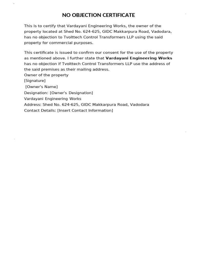 Commercial No Objection Certificate | PDF | Business | Finance & Money ...