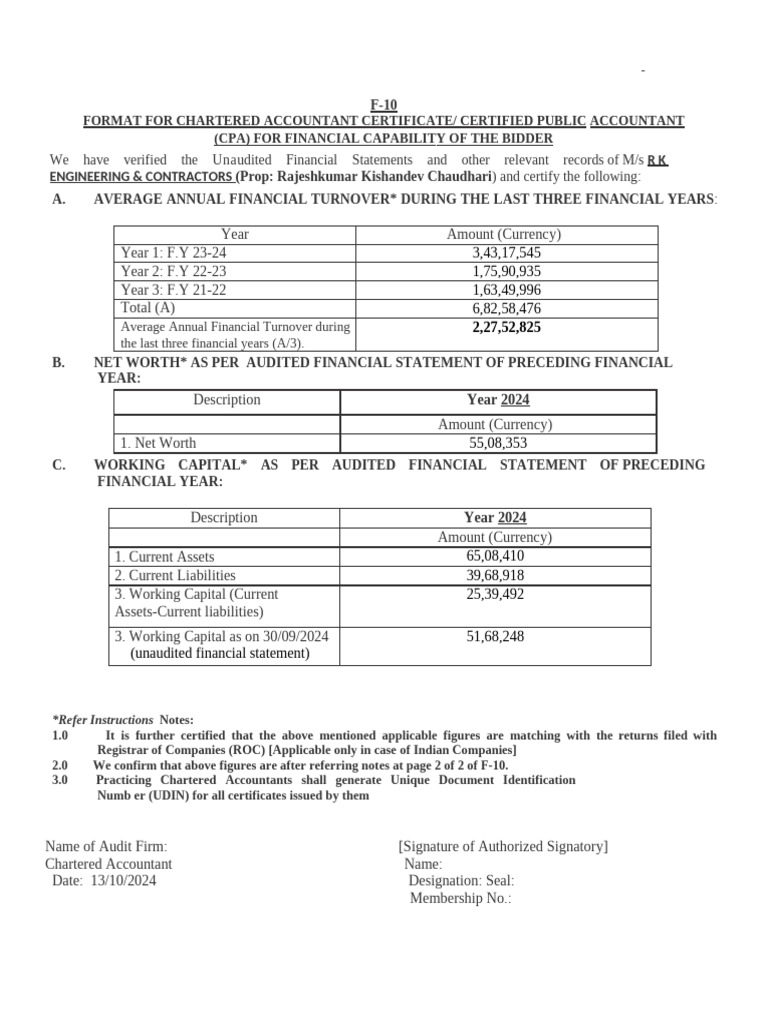F 10 CA Certificate Formate | PDF | Accountant | Financial Statement