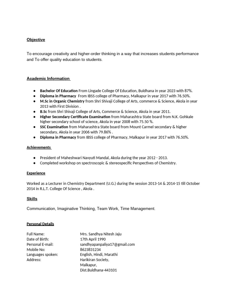 Mrs. Sandhya Jaju Resume | PDF