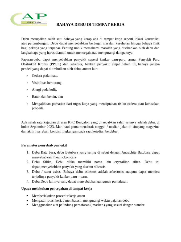Bahaya Debu di Tempat Kerja dan Pencegahan | PDF