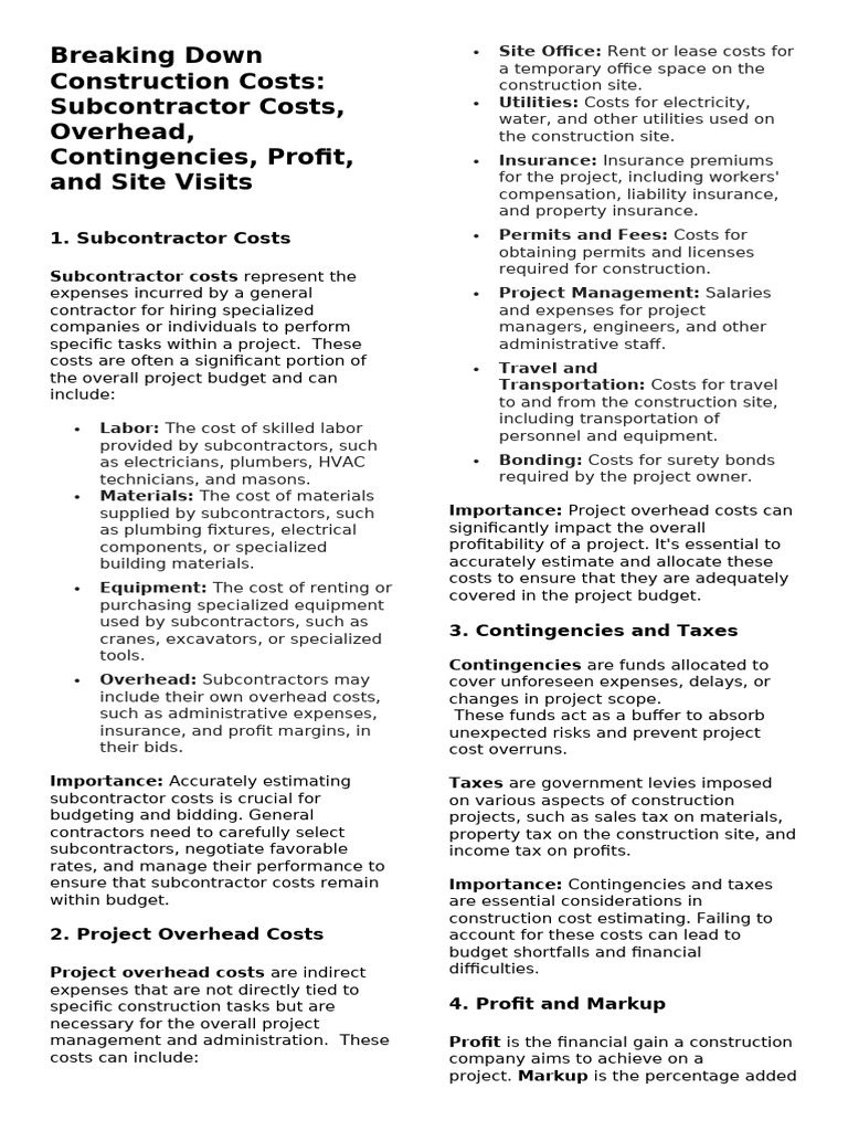 Subcontractor Costs, Overhead, Contingencies, Profit, and Site Visits ...