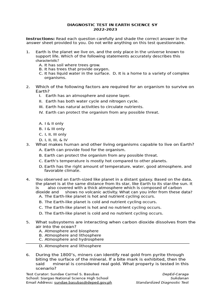 (Earth Science) Diagnostic Test | PDF | Plate Tectonics | Rock (Geology)