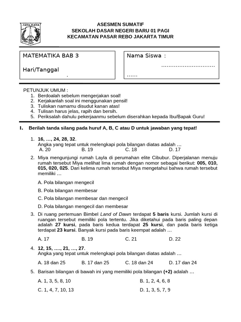 Penilaian Matematika Bab 3 (2024 - 2025) | PDF | Metode & Bahan Ajar
