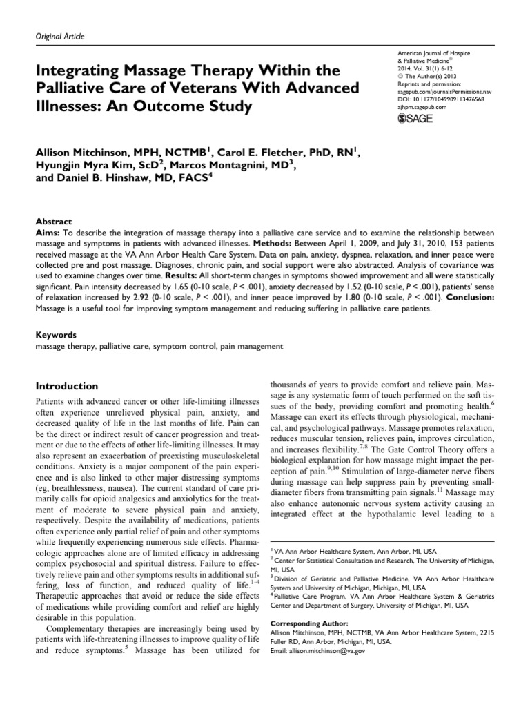 Integrating Massage Therapy Within The Palliative Care of Veterans With ...