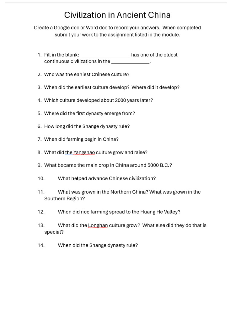 Ancient China Mapquest Questions | PDF