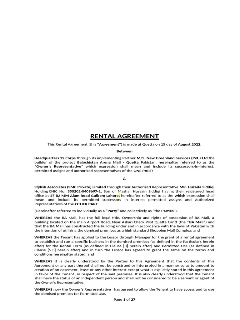 BA Mall - Draft Rental Agreement Insignia New | PDF | Indemnity | Leasehold Estate