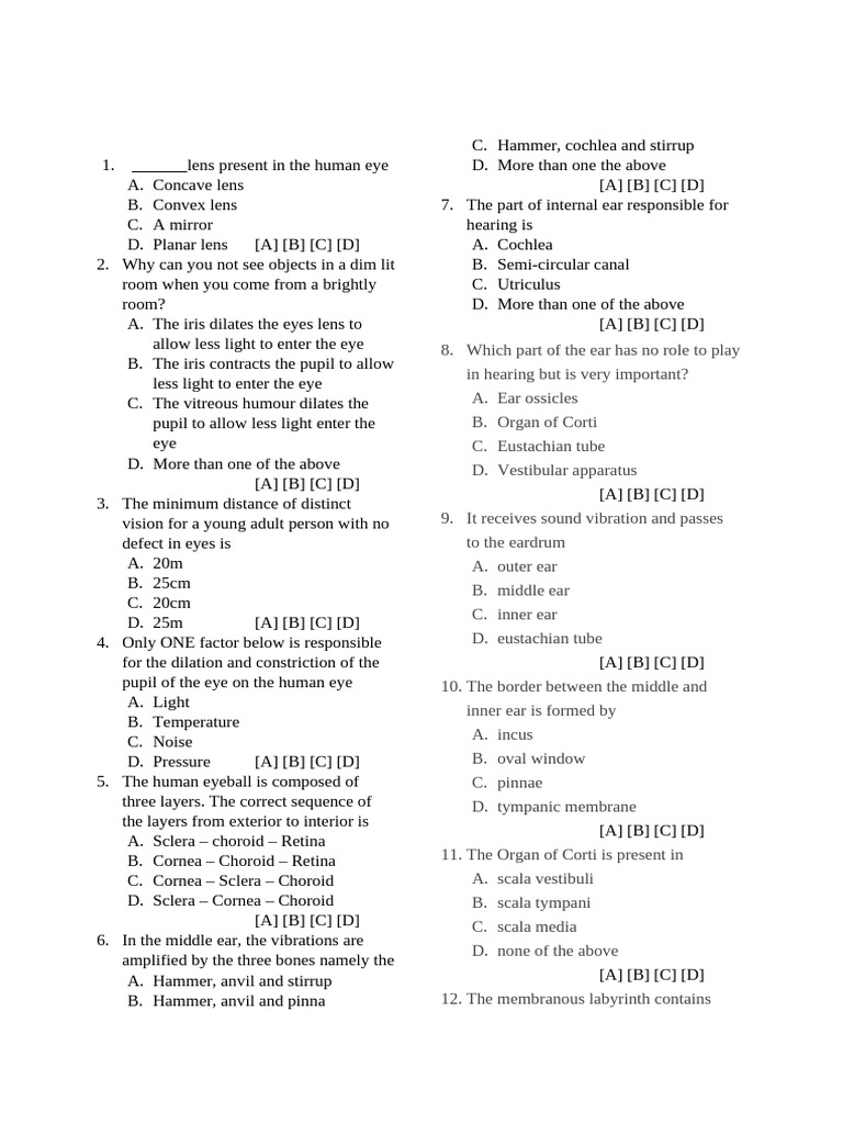 Human Eye and Ear Anatomy Quiz | PDF | Ear | Heart Valve