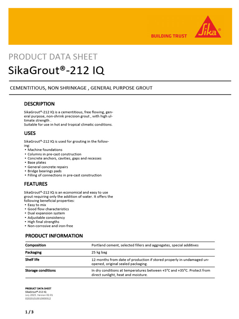 sikagrout-212-iq | PDF | Concrete | Cement