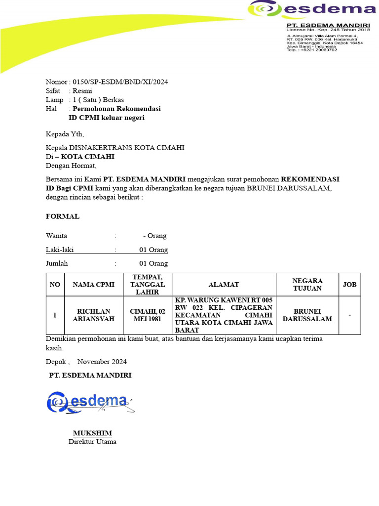 Surat Pemohonan Rekom Id Brunei Richlan Ariansyah | PDF