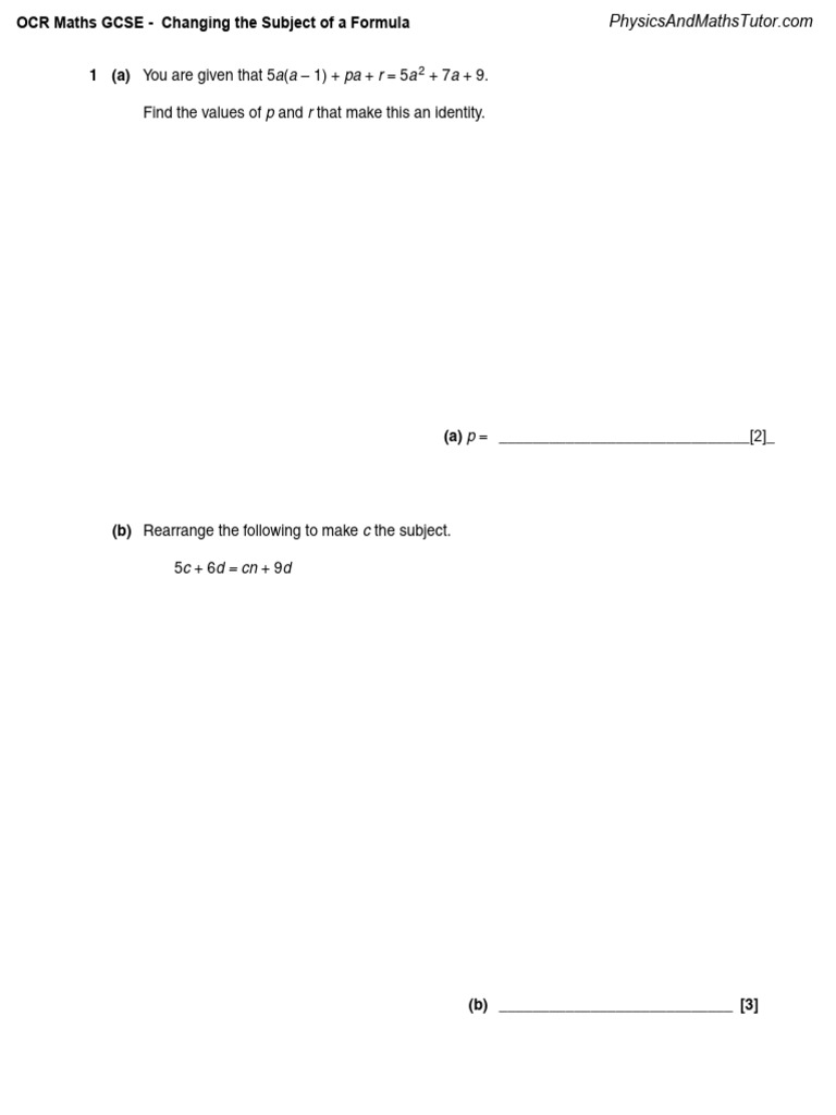 Subject of Formula Worksheets and Solutions | PDF | Mathematics