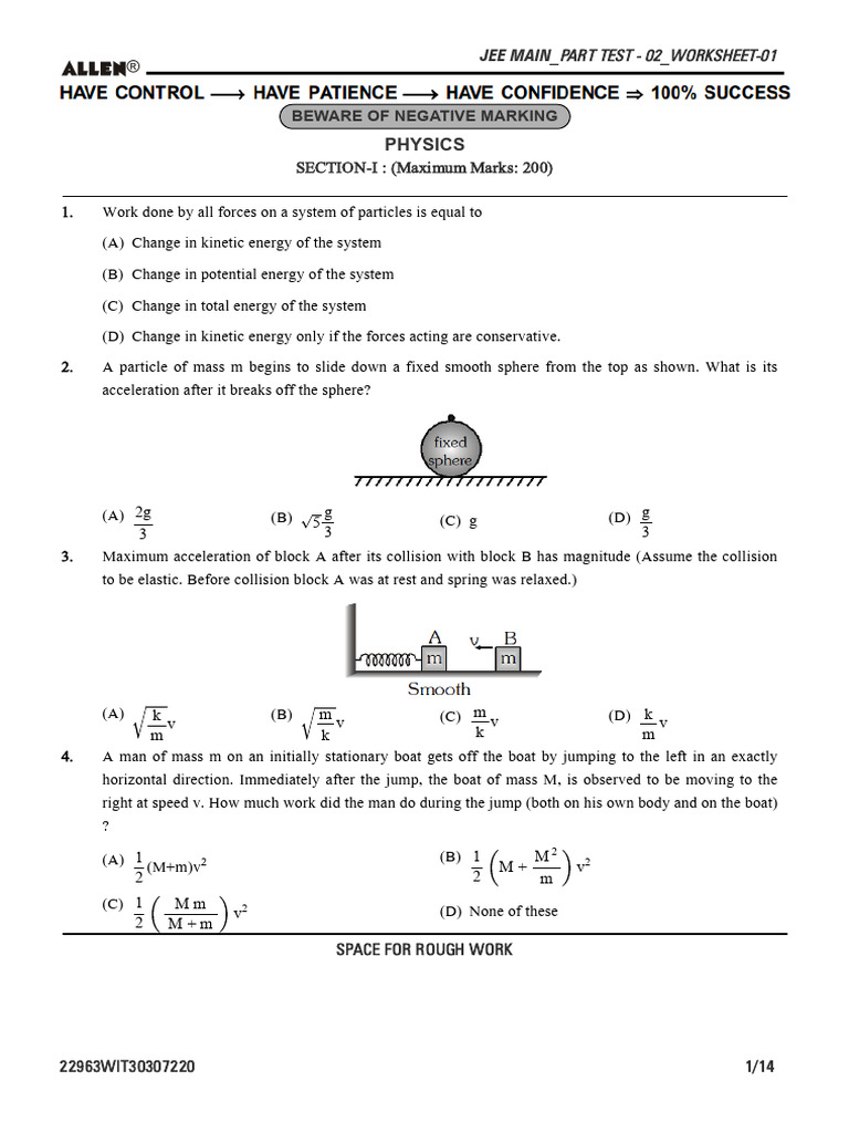 Phy JM - Part Test-2 - Worksheet-01 - Phy | PDF | Force | Mass